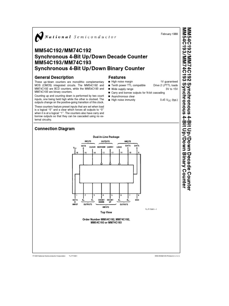 MM54C192/MM74C192 Synchronous 4-Bit Up/Down Decade Counter MM54C193 ...