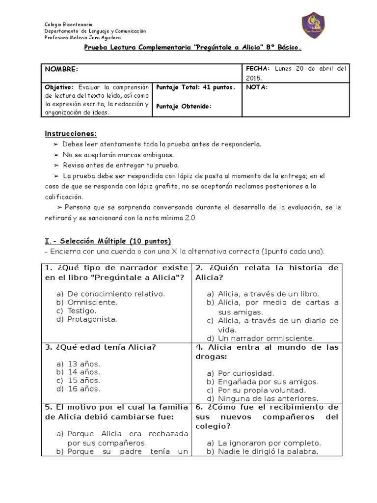 Prueba Lectura Complementaria Pregúntale A Alicia | PDF