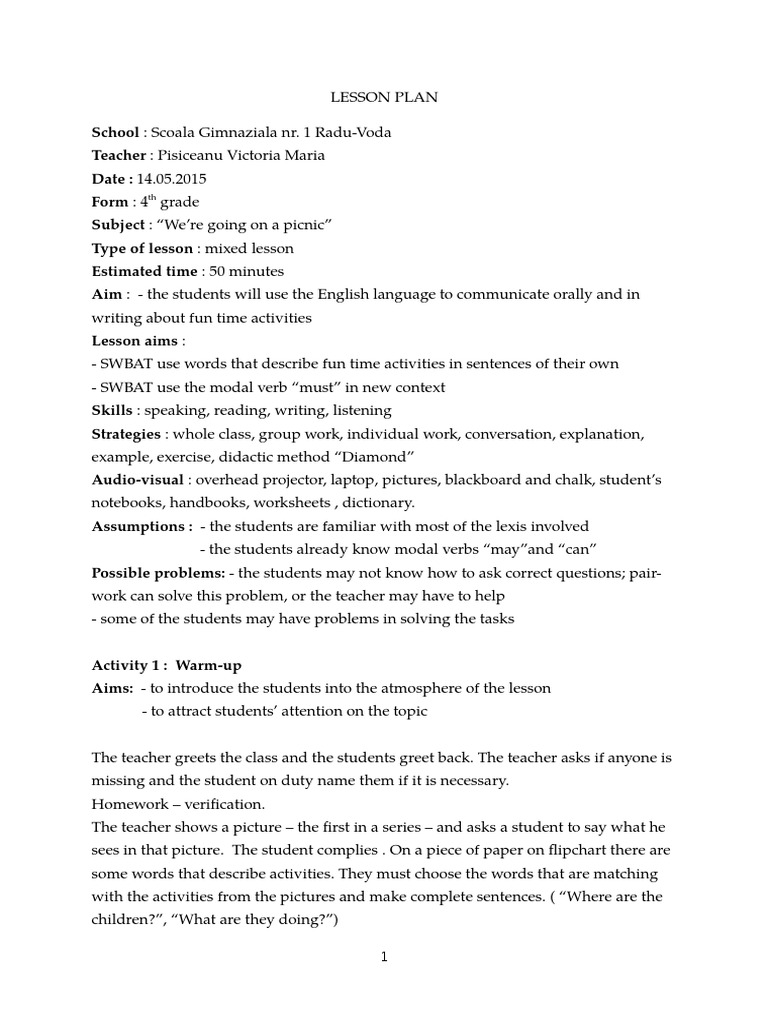 Picnic Lesson Plan for Grade 4 | PDF | Lesson Plan | Reading Comprehension
