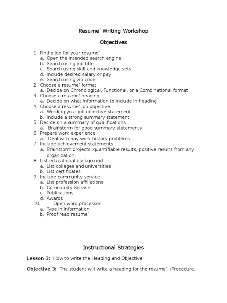Resume Writing Workshop Guide | PDF
