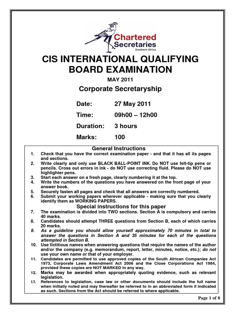CIS Corporate Secretaryship Exam May 2011 | PDF | Board Of Directors ...