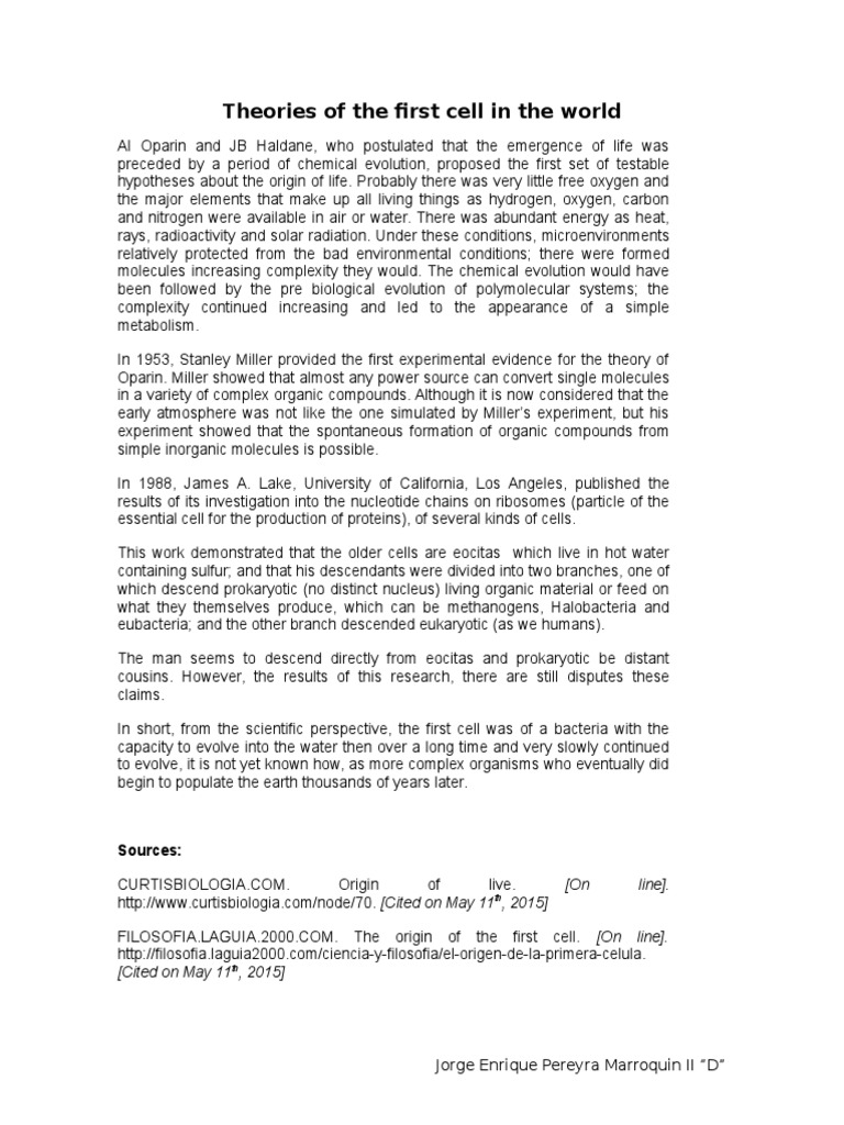 Theories of The First Cell in The World | PDF | Abiogenesis | Life Sciences