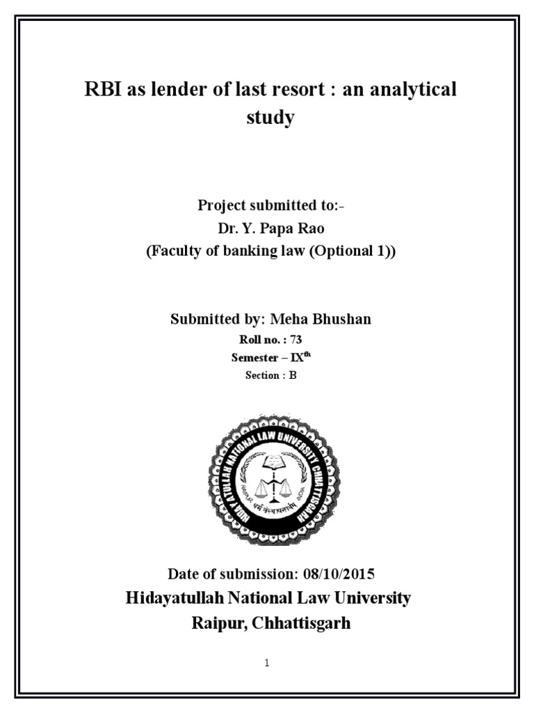 RBI as Lender of Last Resort: An Analytical Study | PDF | Reserve Bank ...
