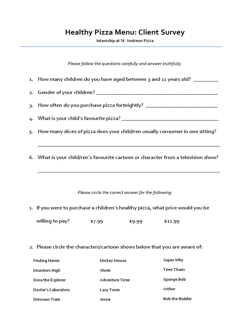 Healthy Pizza Menu: Client Survey: Please Follow The Questions ...
