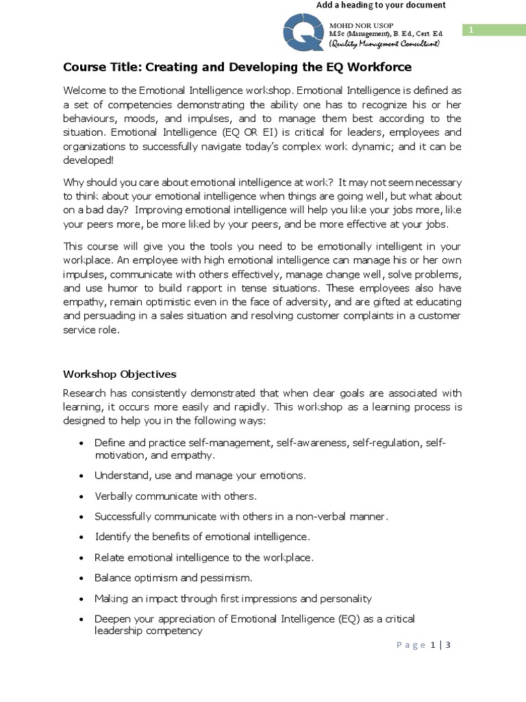 EQ Course Outline | PDF | Emotional Intelligence | Intelligence