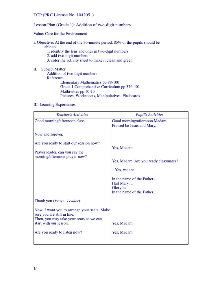 Lesson Plan Grade 1 Addition of Two Digit Numbers | PDF | Lesson Plan ...