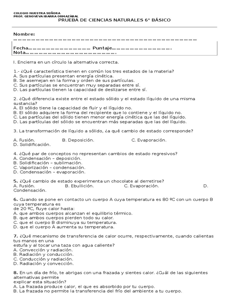 Prueba 6° Calor y T° | PDF | Calor | Convección
