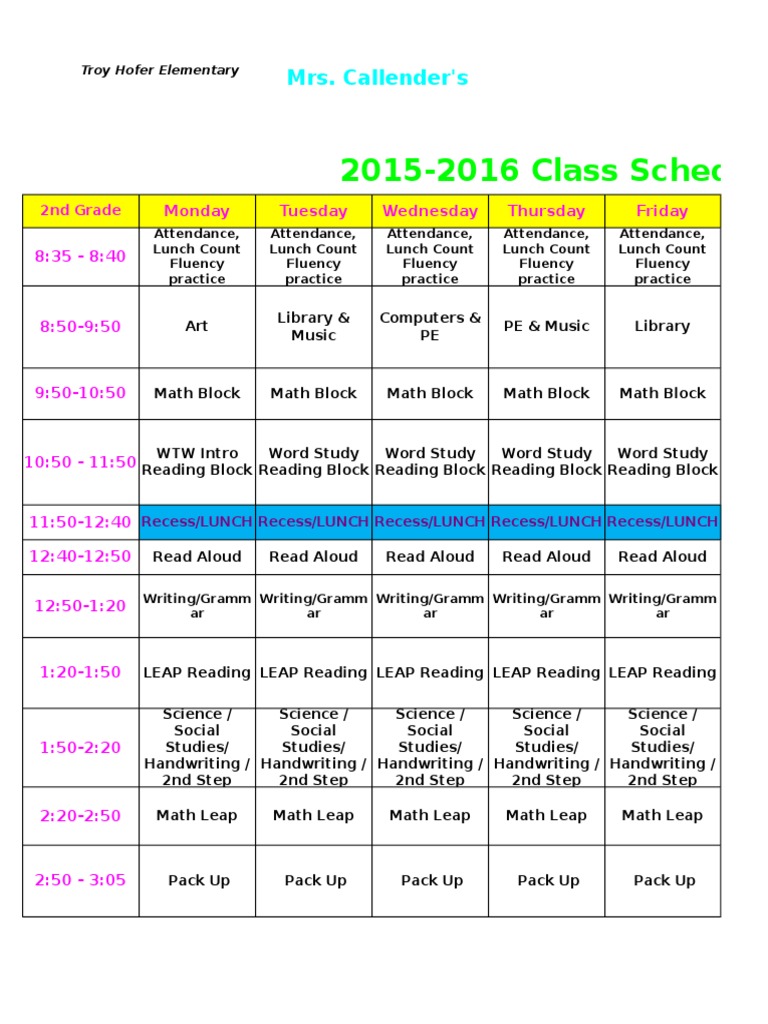 2nd Grade Weekly Class Schedule | PDF | Language Arts & Discipline