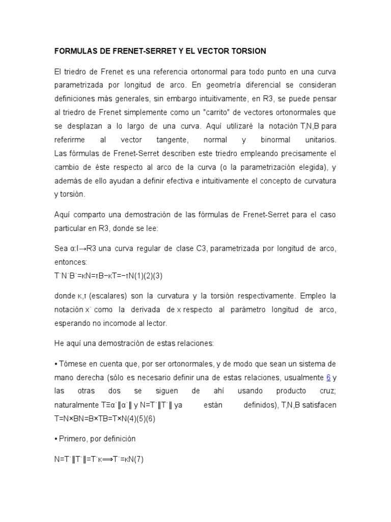 Formulas de Frenet Vectorial | PDF | Física | Análisis matemático