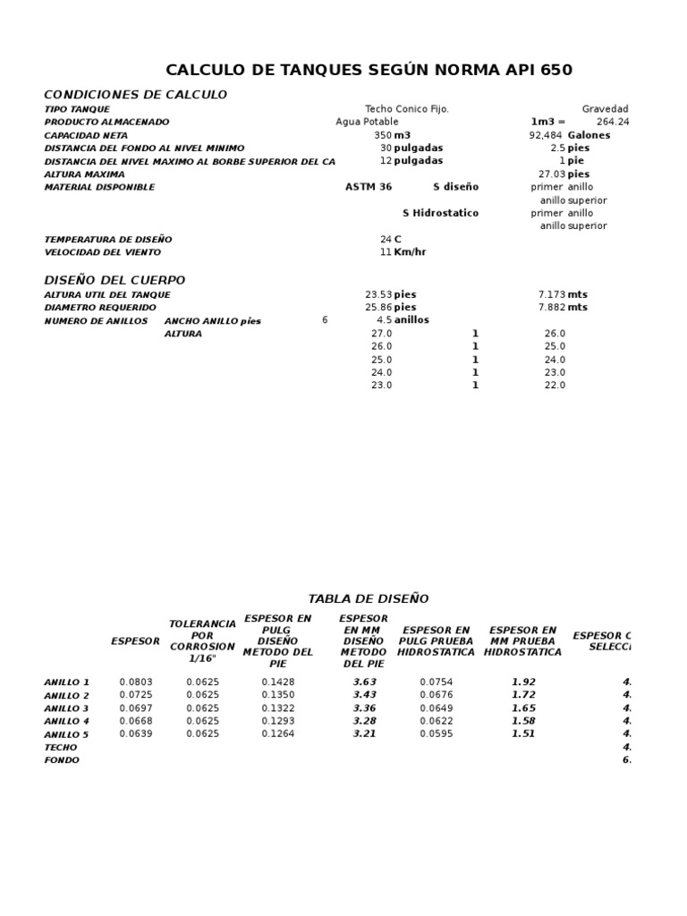 Formato Calculo y Diseño Tanques API 650. | PDF | Tecnología