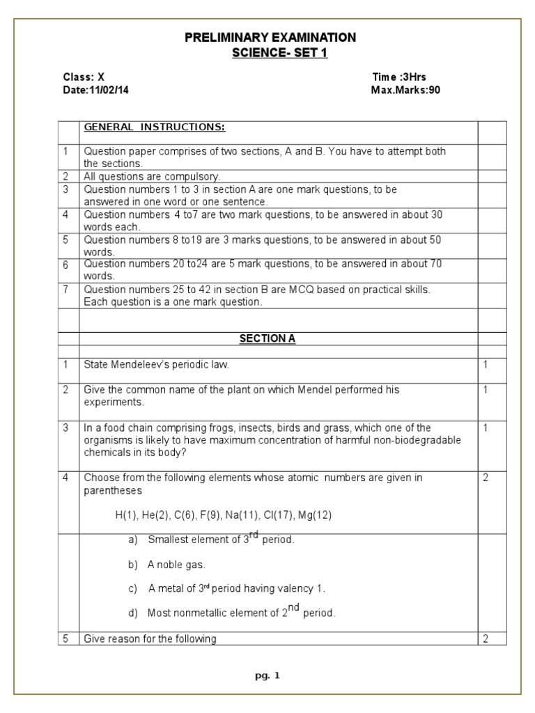 Preliminary Examination Science-Set 1: G E N E R AL IN S T R U C T I On S