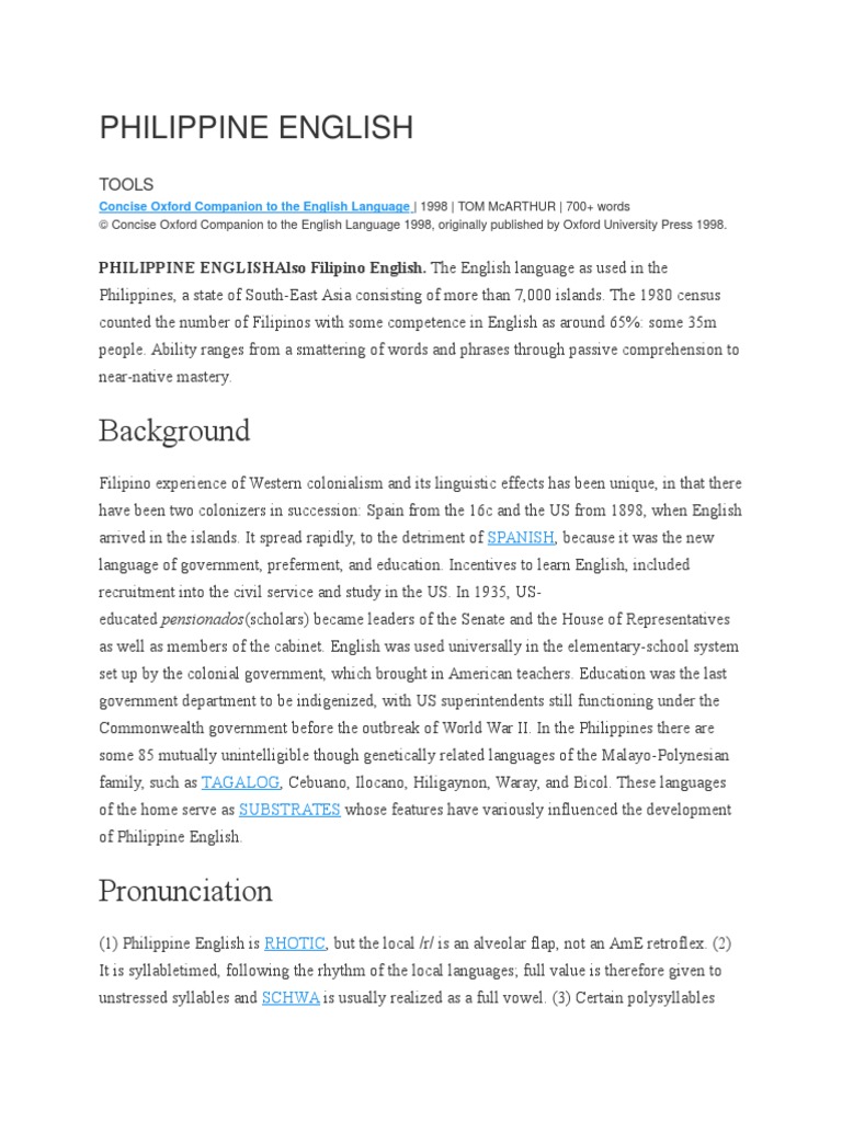 Philippine English: Philippine Englishalso Filipino English. The ...