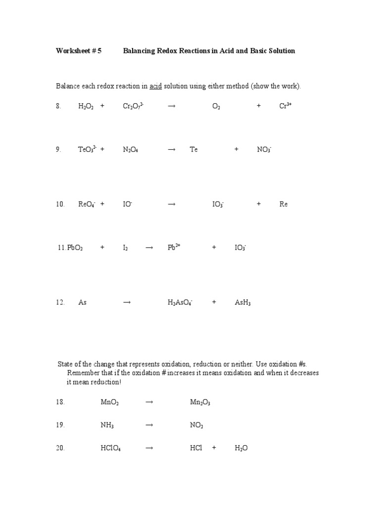 Balancing Redox Reactions Equations Practice With Answers | PDF