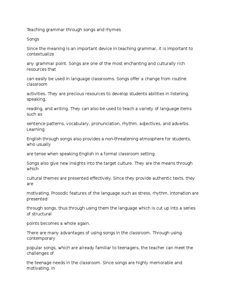 Teaching Grammar Through Songs and Rhymes | PDF