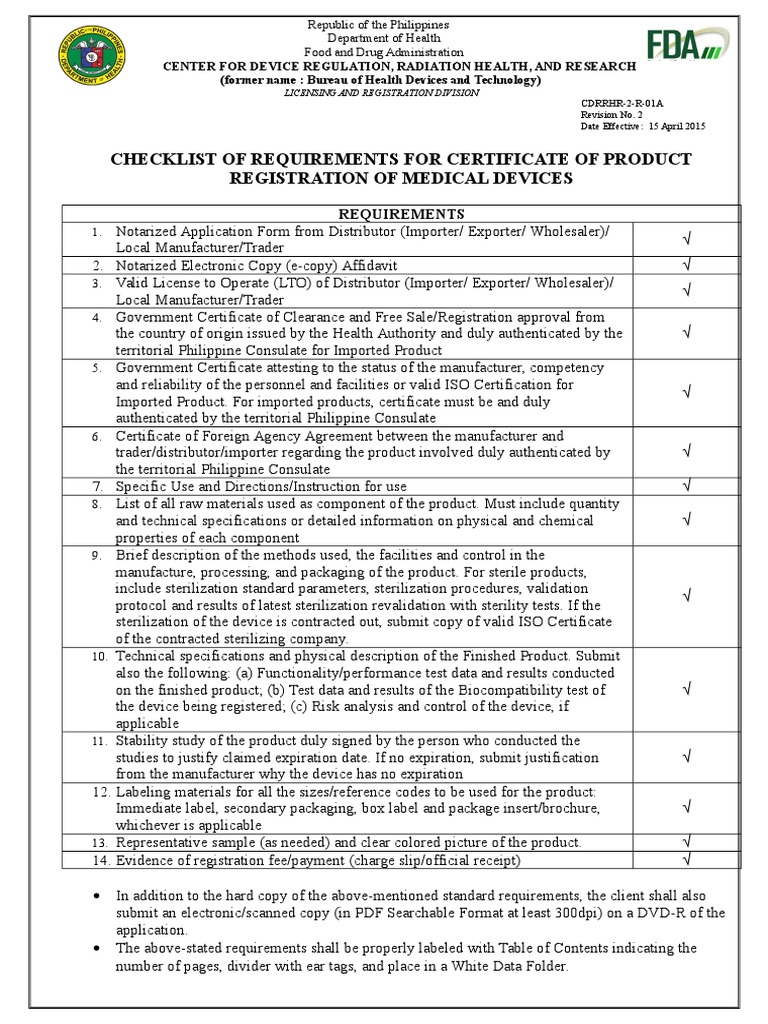 Medical Device Registration Checklist | PDF | Medical Device ...