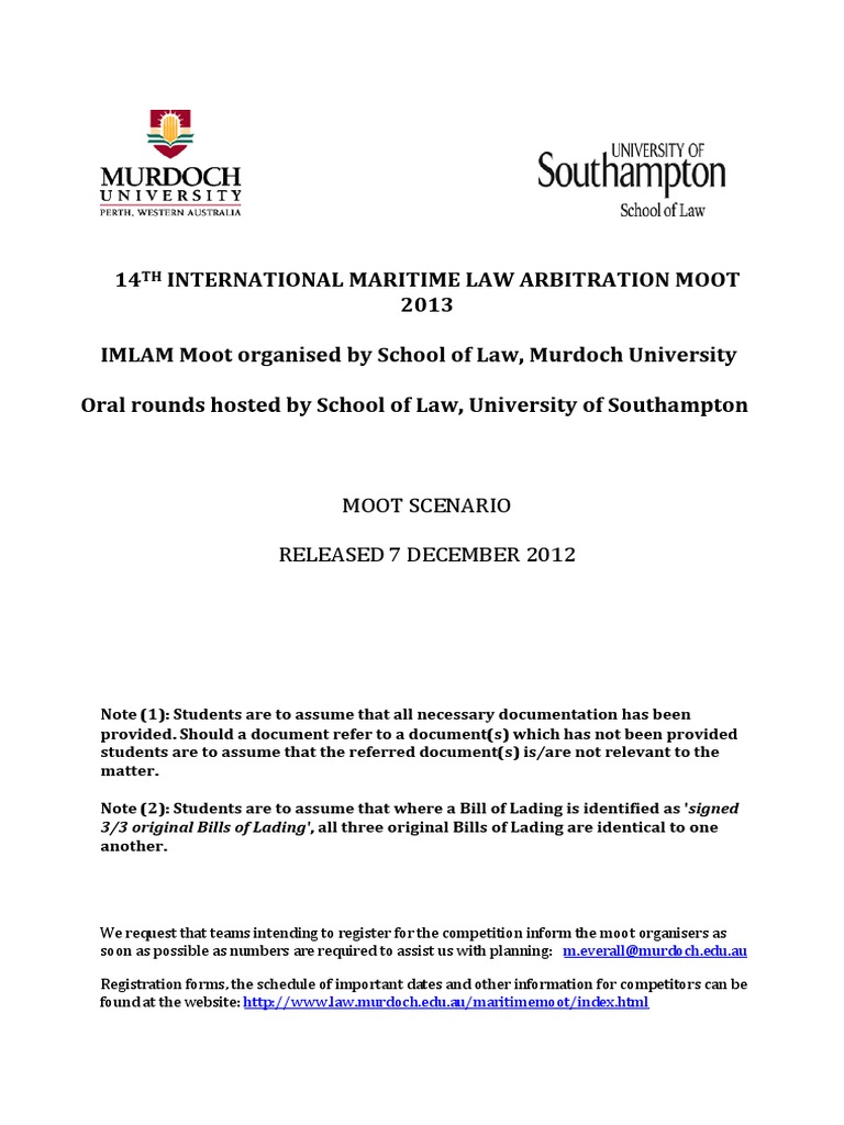 IMLAM 2013 Moot Problem PDF | PDF | Bill Of Lading | Marine Salvage