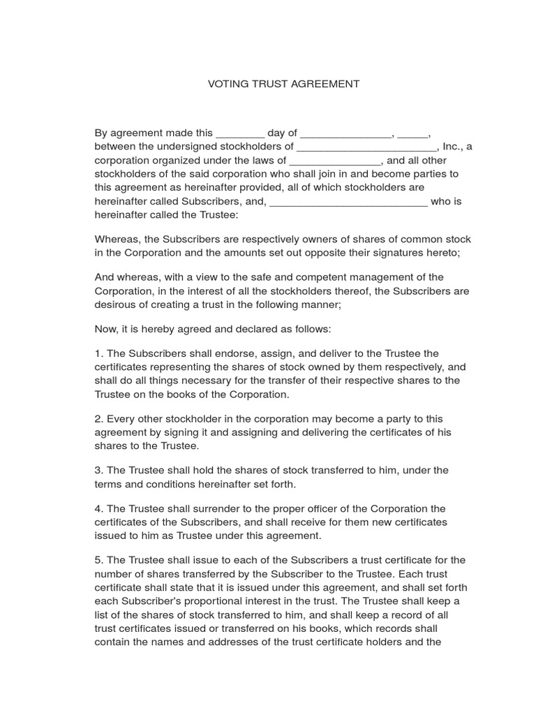 Voting Trust Agreement - Sample | PDF