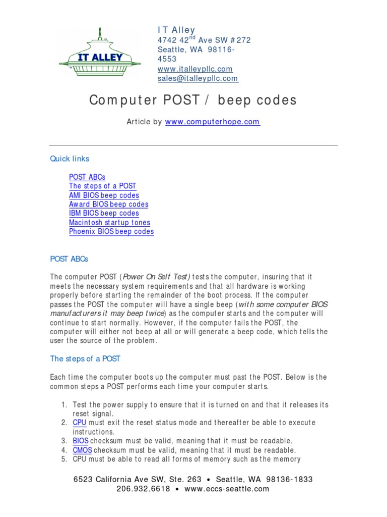 Computer POST / Beep Codes: IT Alley | PDF | Bios | Booting