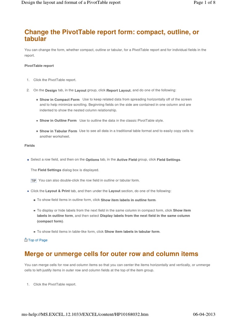 Change The Pivottable Report Form: Compact, Outline, or Tabular | PDF ...