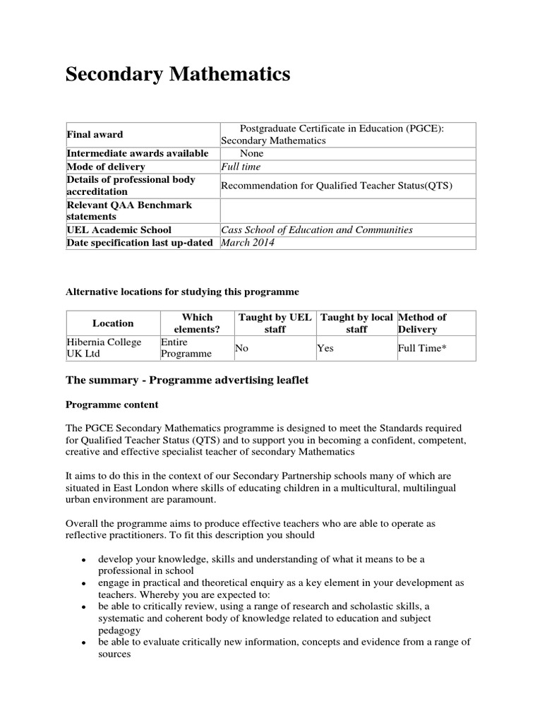 PGCE Secondary Mathematics Overview | PDF | Teachers | Postgraduate ...