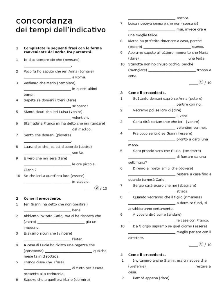 Concordanza Indicativo Esercizi | PDF