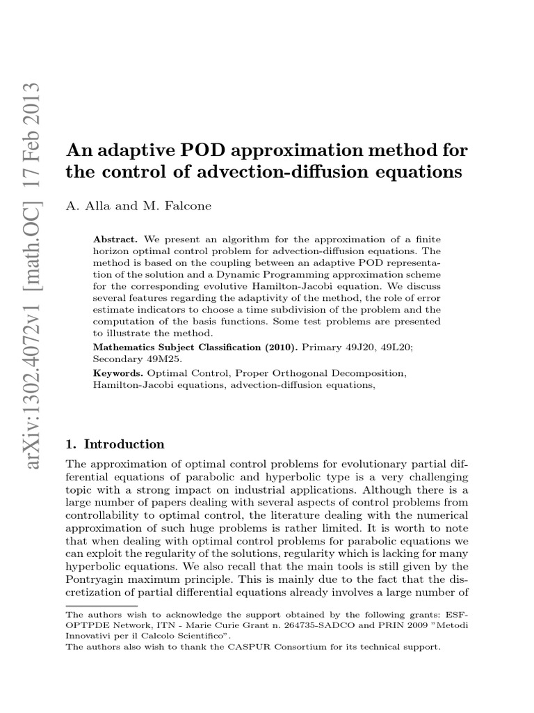 An Adaptive POD Approximation Method For The Control of Advection-Diffusion Equations | PDF ...