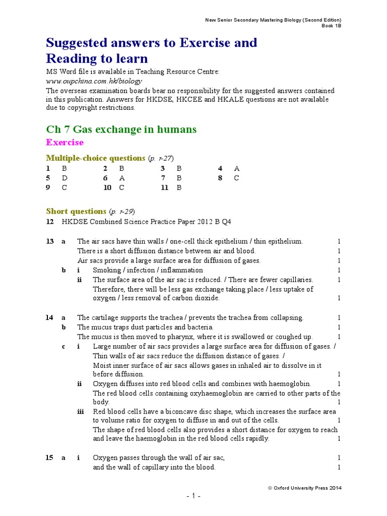 1B Chapter 7 (Gas Exchange) Exercise Solution | PDF | Lung ...
