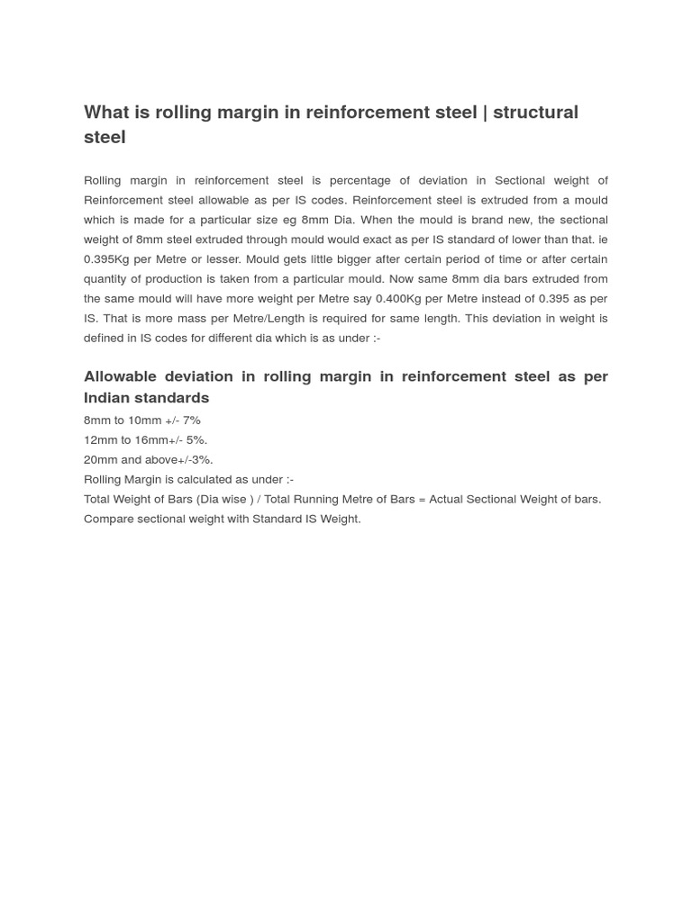 Rolling Margin in Reinforcement Steel | PDF | Weight | Metre