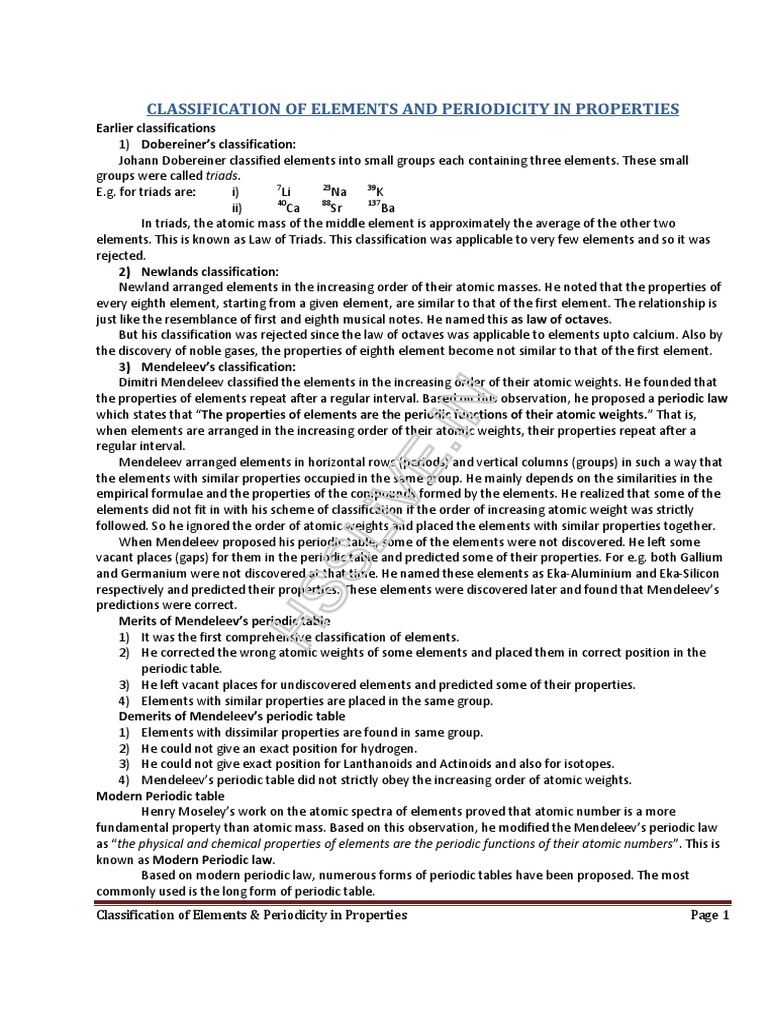 Class XI Classification of Elements and Periodicity in Properties Notes ...