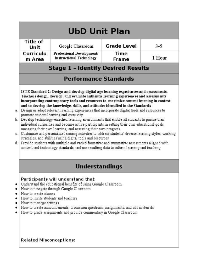 Ubd Unit Plan: Stage 1 - Identify Desired Results Performance Standards ...