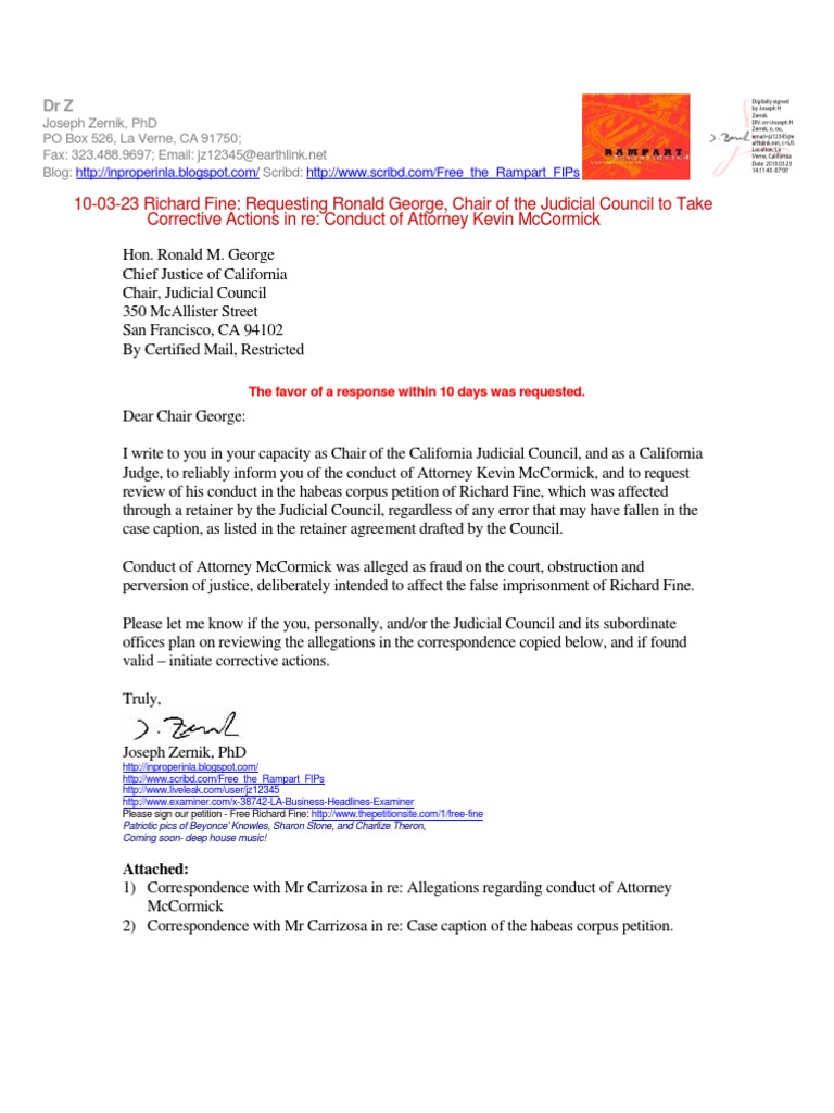 10-03-23 Richard Fine: Requesting Ronald George, Chair of The Judicial ...