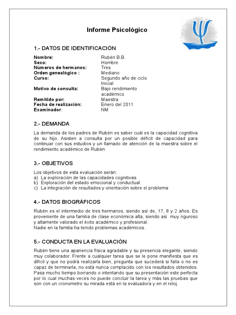 Informe_Psicológico_RUBN | Trastorno por Déficit de Atención e ...