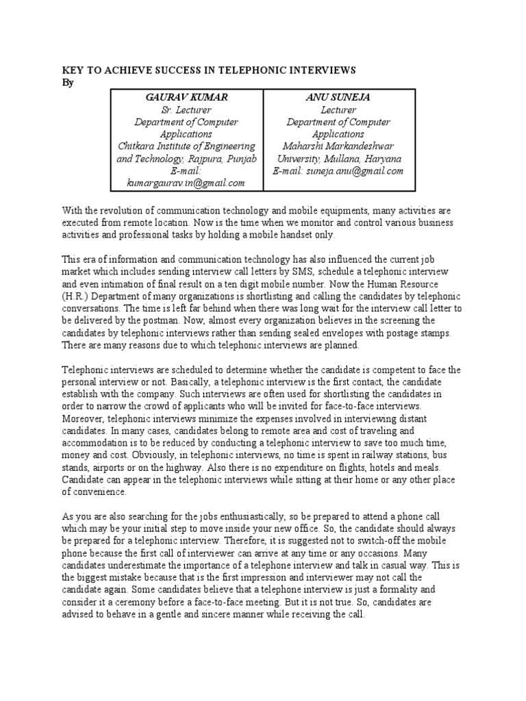 Key To Achieve Success in Telephonic Interviews | PDF | Interview ...