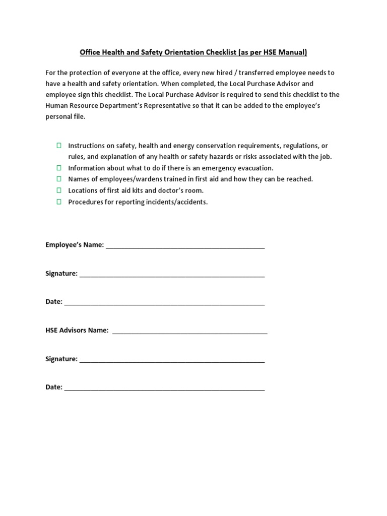 New Employee Safety Orientation Checklist | PDF | Business | Science ...