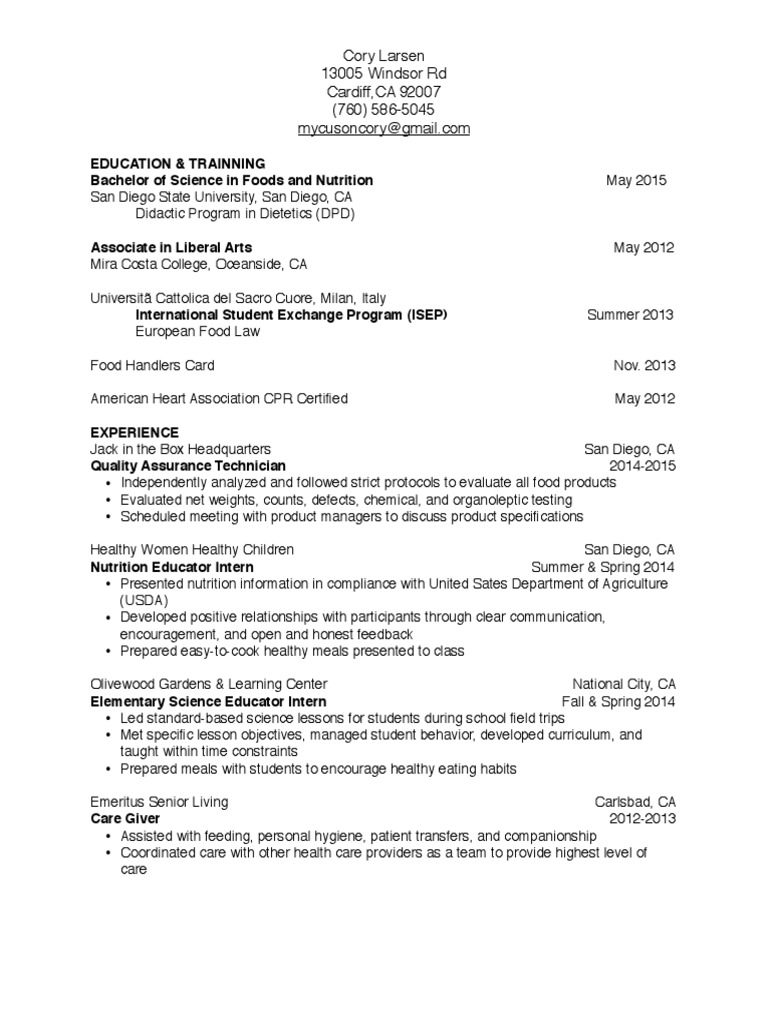 Cory Larsen's Nutrition & Dietetics Resume | PDF