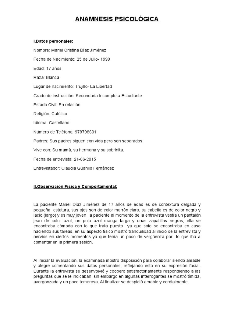 Anamnesis Psicológica | PDF | Depresión (estado de ánimo) | Conceptos ...