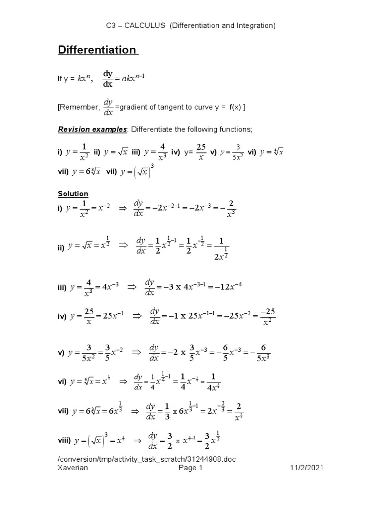 Differentiation And Integration Pdf Integral Derivative