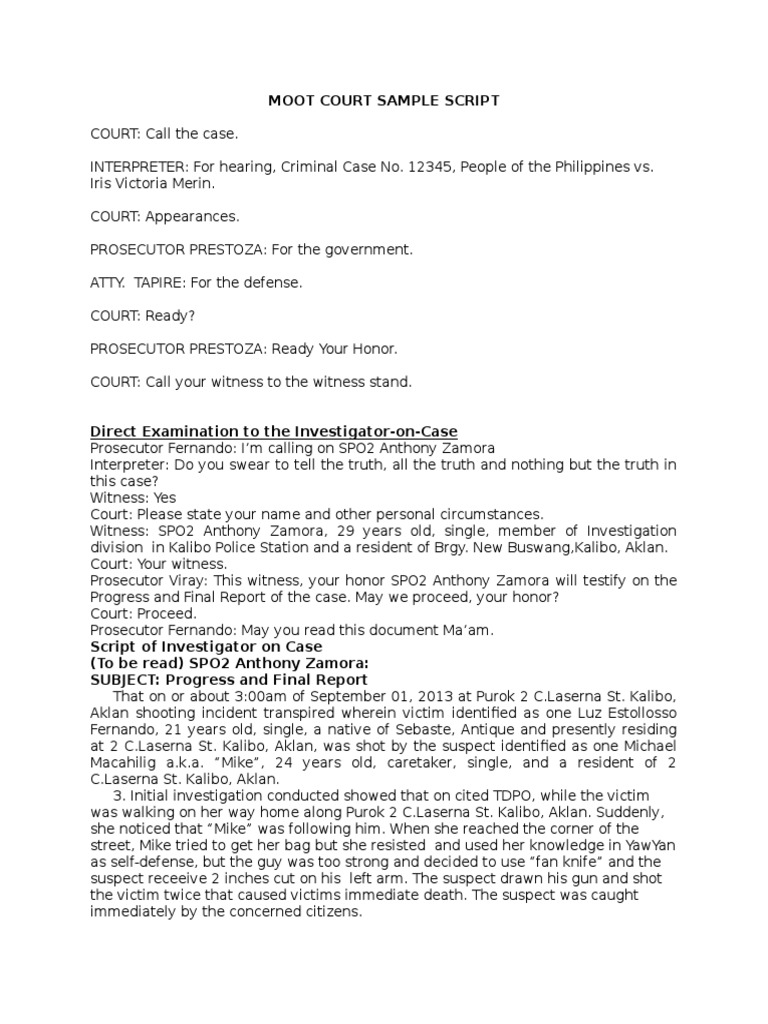 Moot Court Sample Script | Witness | Prosecutor