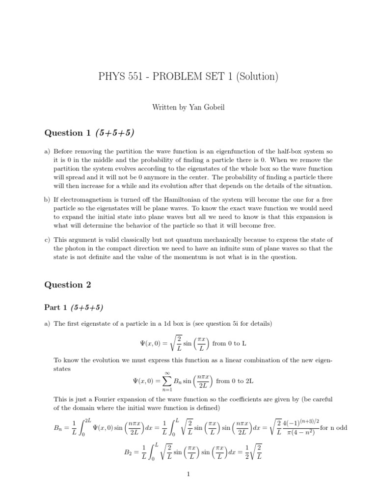 PHYS 551 Assignment 1 Solutions | PDF | Wave Function | Eigenvalues And Eigenvectors