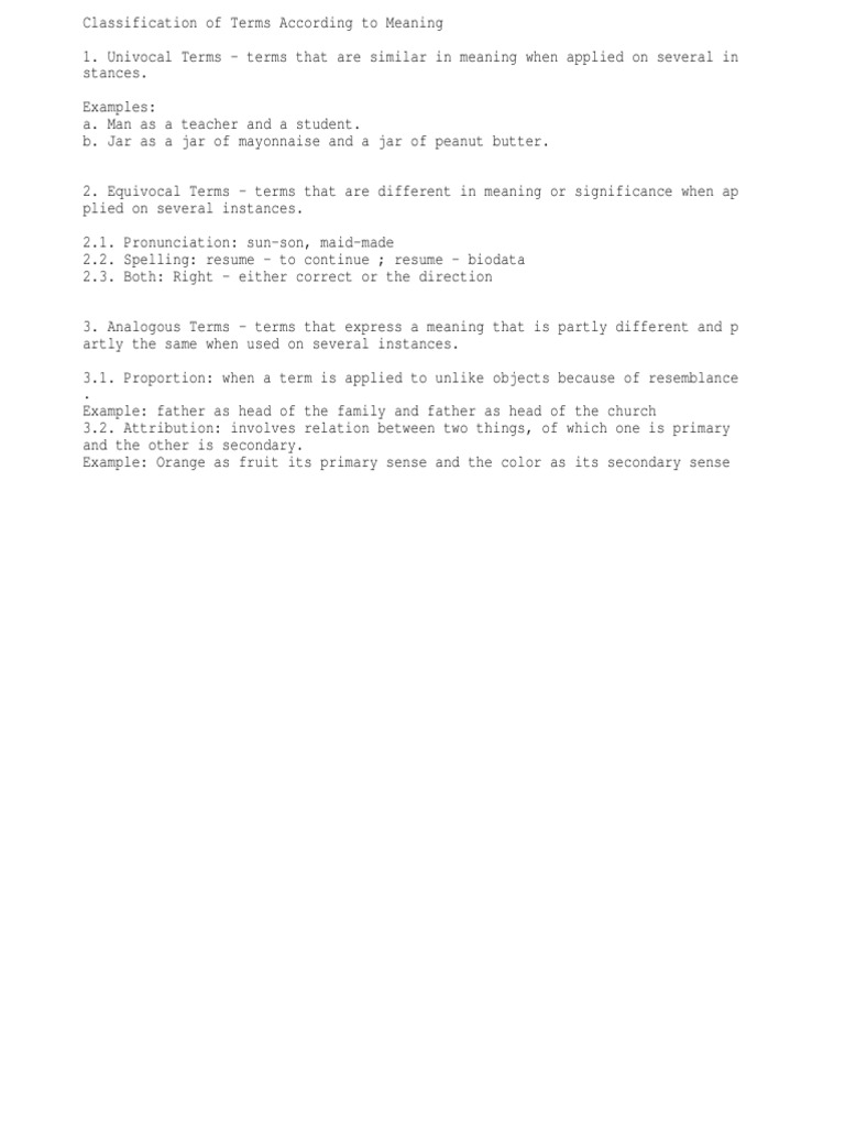 Classification of Terms According To Meaning | PDF