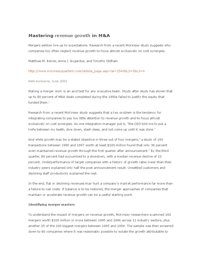 Mastering Revenue Growth in M&A | PDF | Mc Kinsey & Company | Mergers And Acquisitions