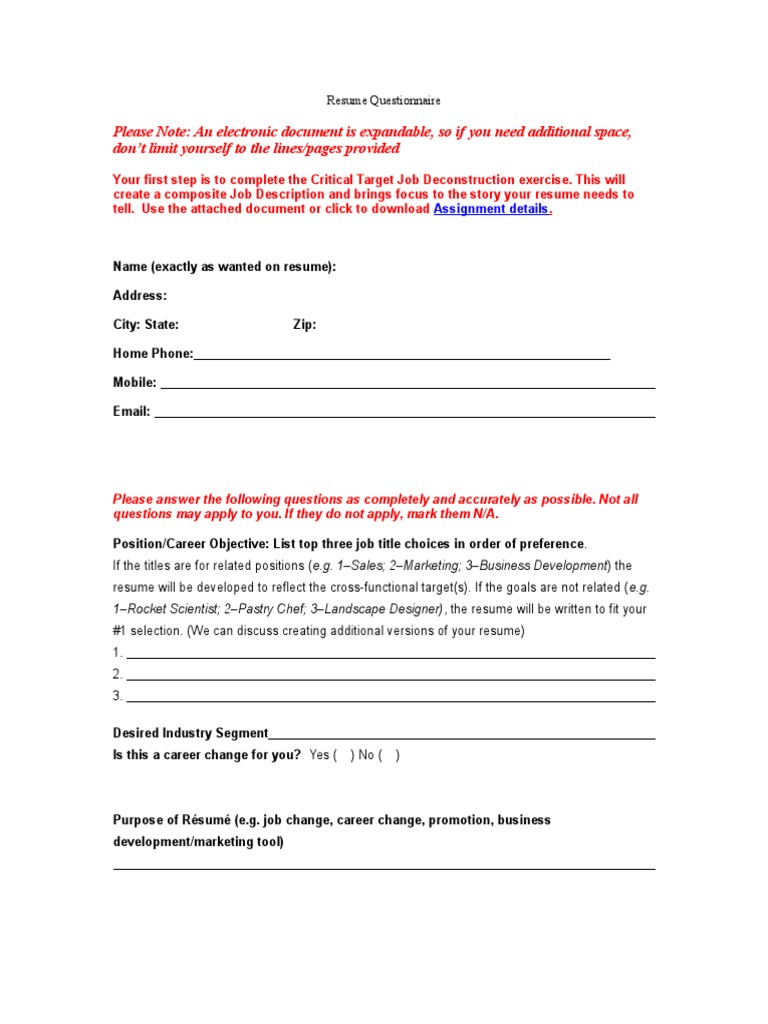 Resume Information Gathering Questionnaire | PDF | Résumé | Employment