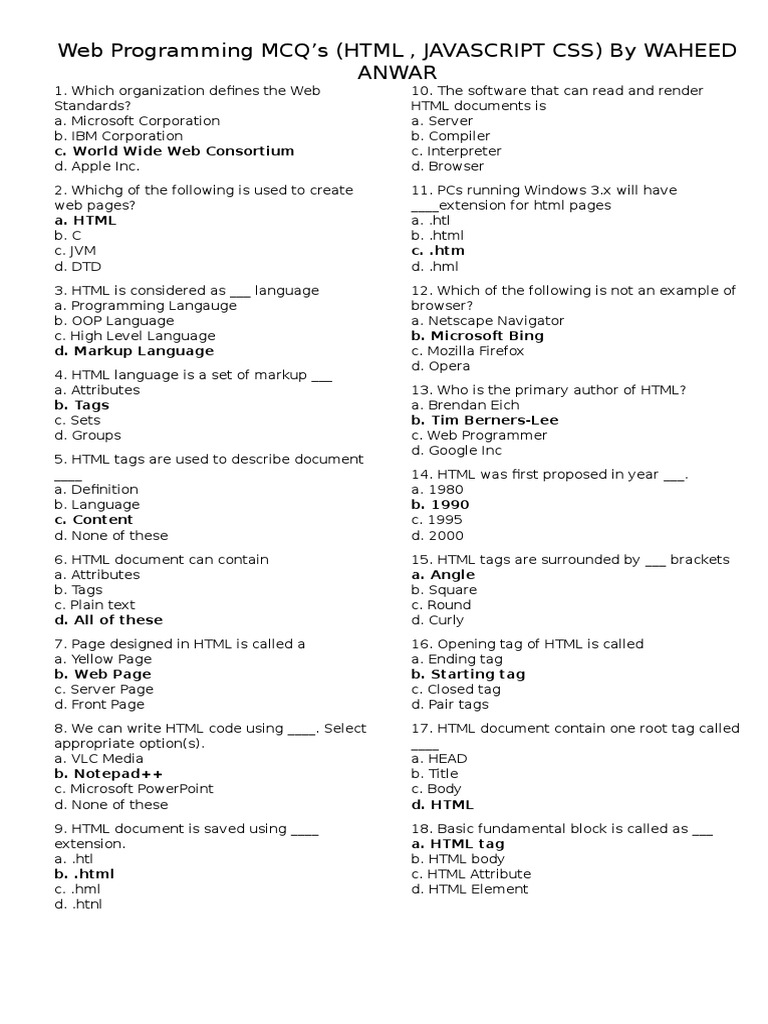 HTML CSS Javascript MCQ | PDF | Html Element | Html