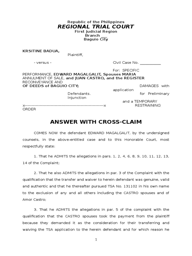 Answer With Cross-Claim | PDF | Deed | Lawsuit