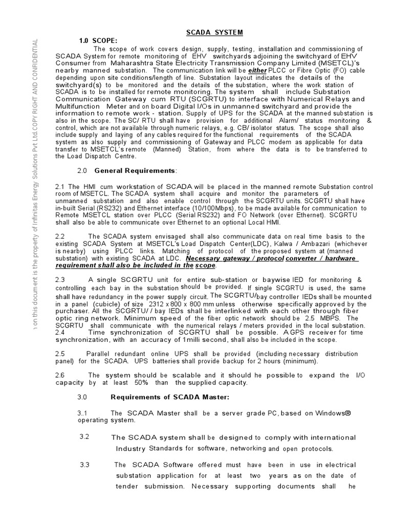Specification SCADA | PDF | Scada | Electrical Substation