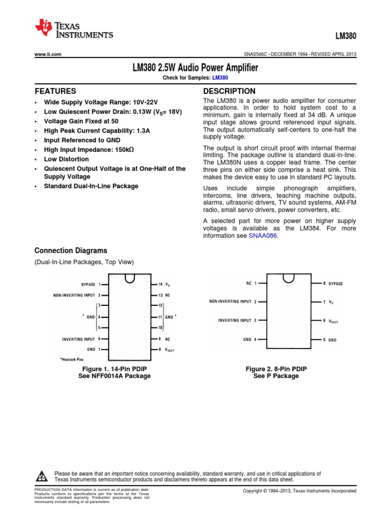 LM380. Datasheet | PDF | Amplifier | Computer Engineering