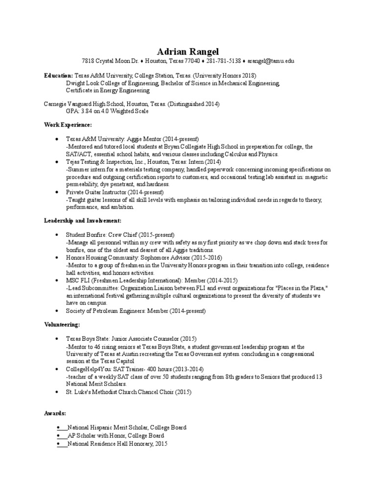 Adrian Rangel's Resume: Mechanical Engineer | PDF | Science ...