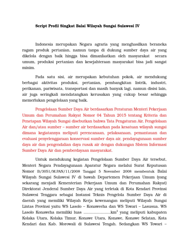 Script Profil Singkat Balai Wilayah Sungai Sulawesi IV - Pink Version | PDF