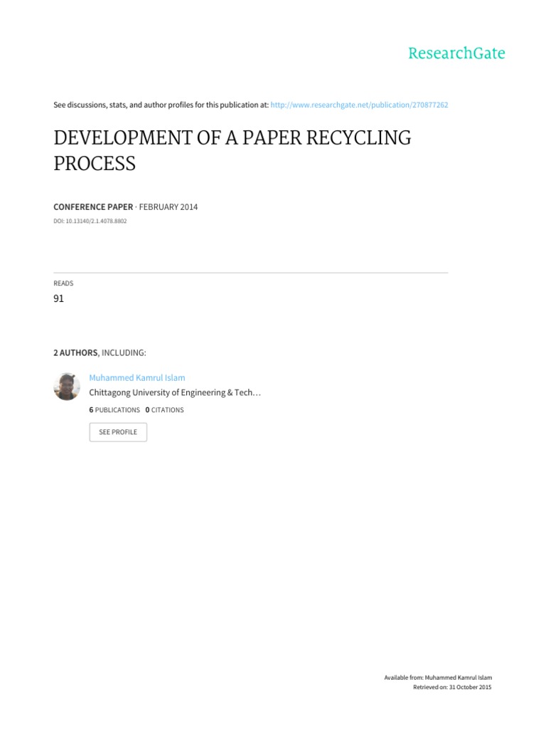 Ms-09-Development of A Paper Recycling Process | PDF | Paper | Pulp (Paper)