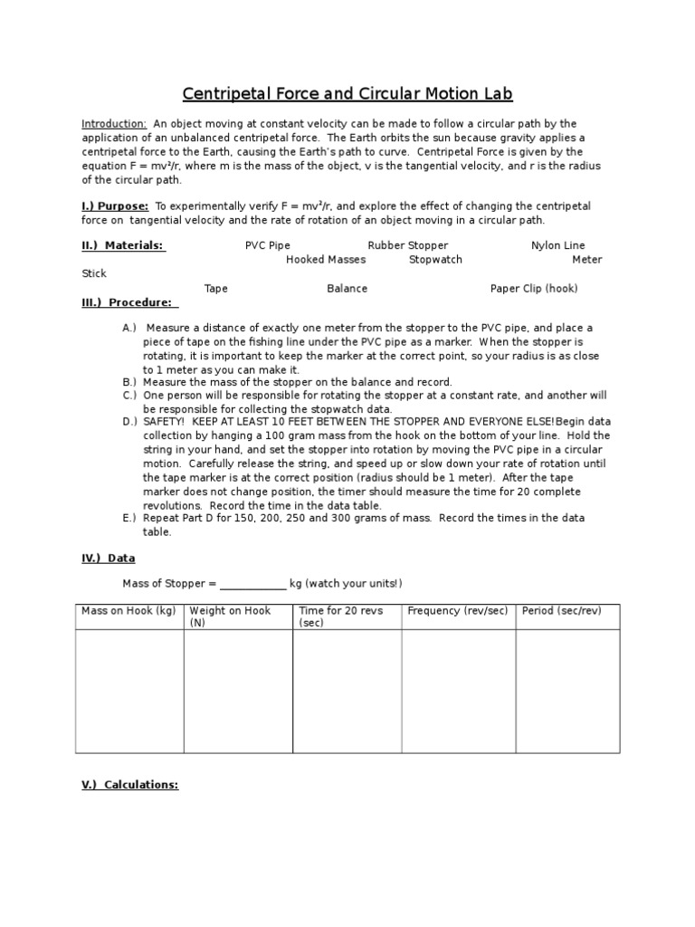 Centripetal Force and Circular Motion Lab CC NGSS Revision 2014 | PDF ...